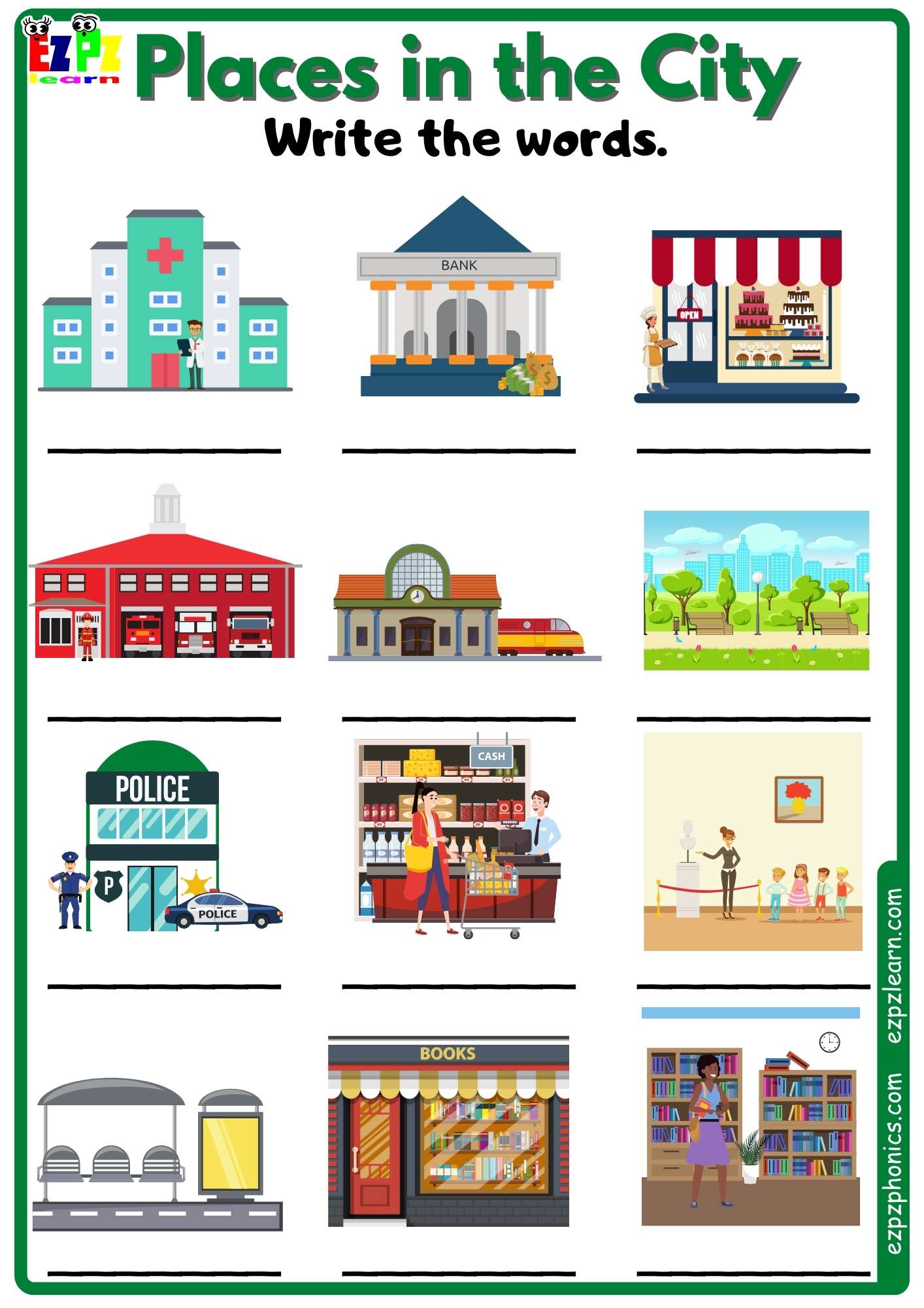 Places in the City Vocabulary Write the Words Free PDF Download - Ezpzlearn.com